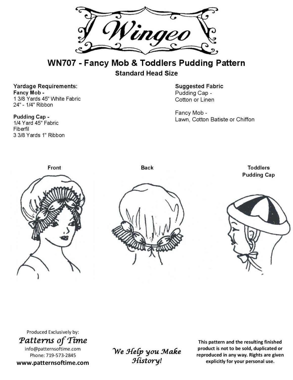 WN707 Colonial or Regency Era Fancy Mob Cap & Pudding Cap
