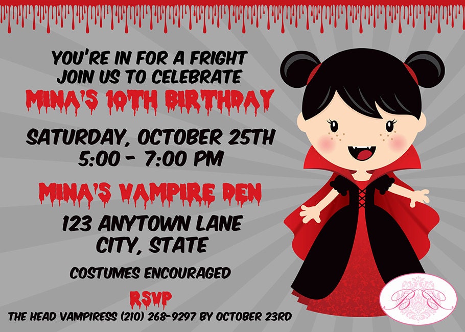 Vampire Girl Birthday Party Invitation Halloween Blood Fang