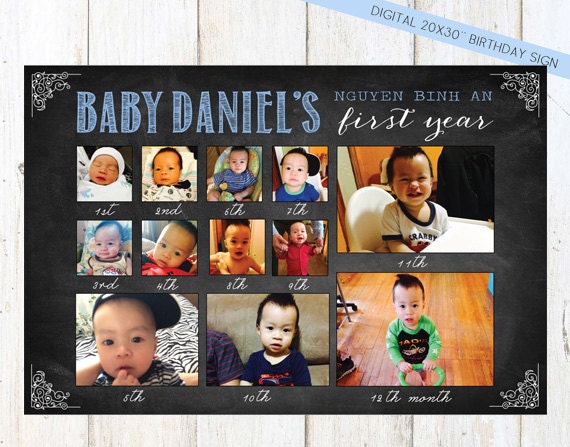 Baby Boy First Year Birthday Collage sign Custom 1st