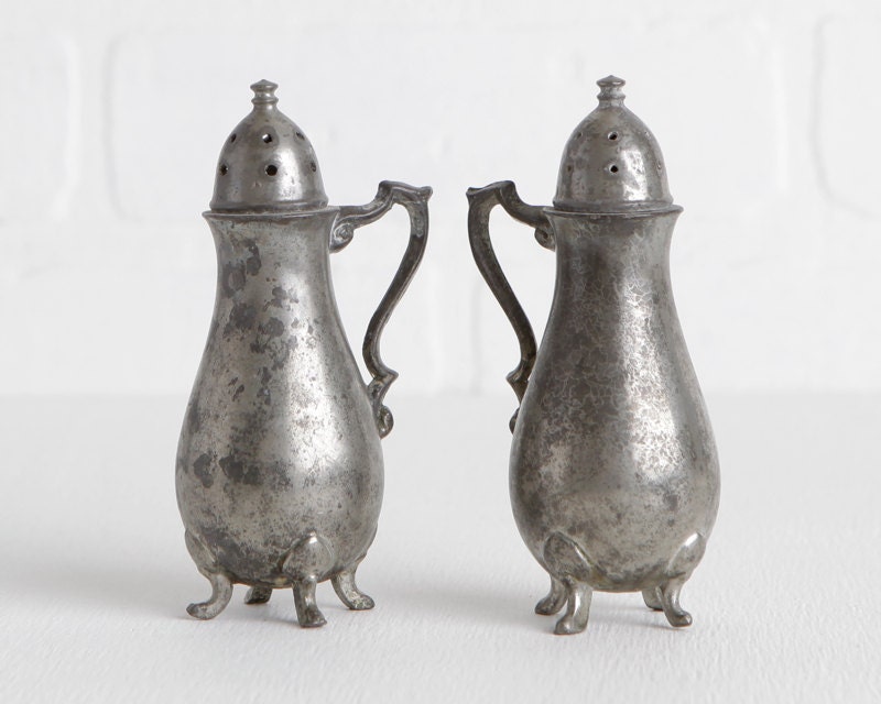 Vintage Pewter Old Colony Salt and Pepper Shakers with Feet, Tarnished ...