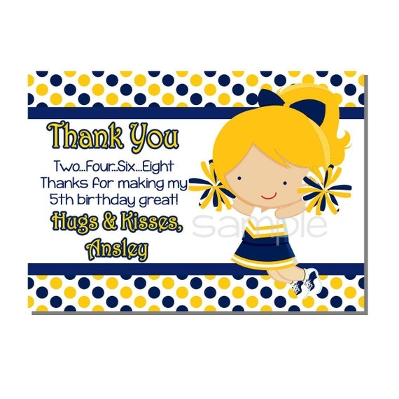Cheerleader Thank You Card Birthday Yellow and Blue DIGITAL