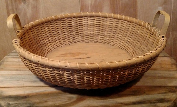 Vintage Runde Weidenkorb flach mit Holz und Holz-Griffe