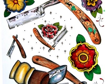 Straight razor, colorful illustration, tattoo flash sheet, signed and ...