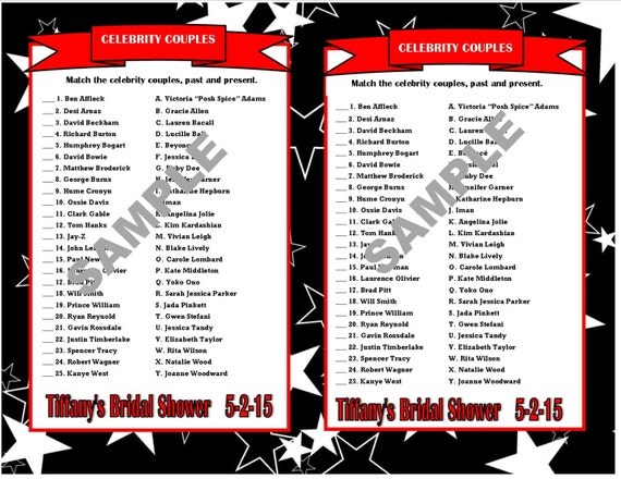 Celebrity Couples Printable Matching Game. Personalize for