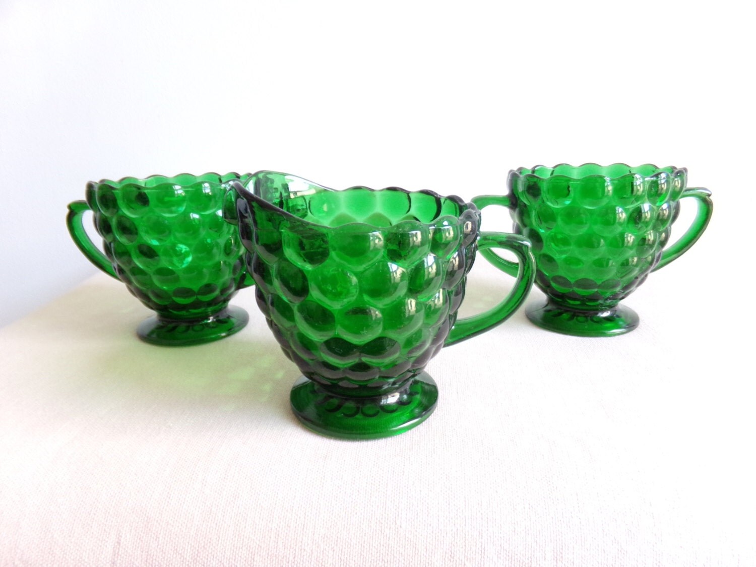 Fabulous French retro bottle green two handled glass cups and creamer ...