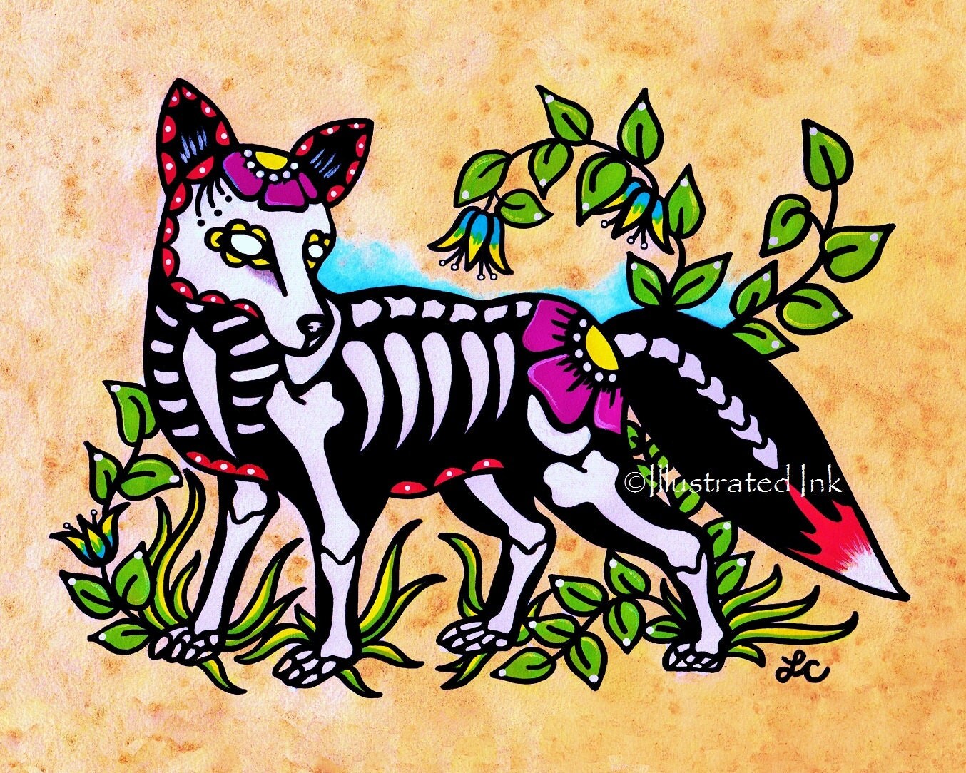 Day of the Dead FOX Dia de los Muertos Art Print 5 x 7 8 x 10