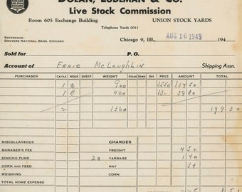 Livestock Commission Union Stock Yards, Chicago, IL, receipt for cattle ...