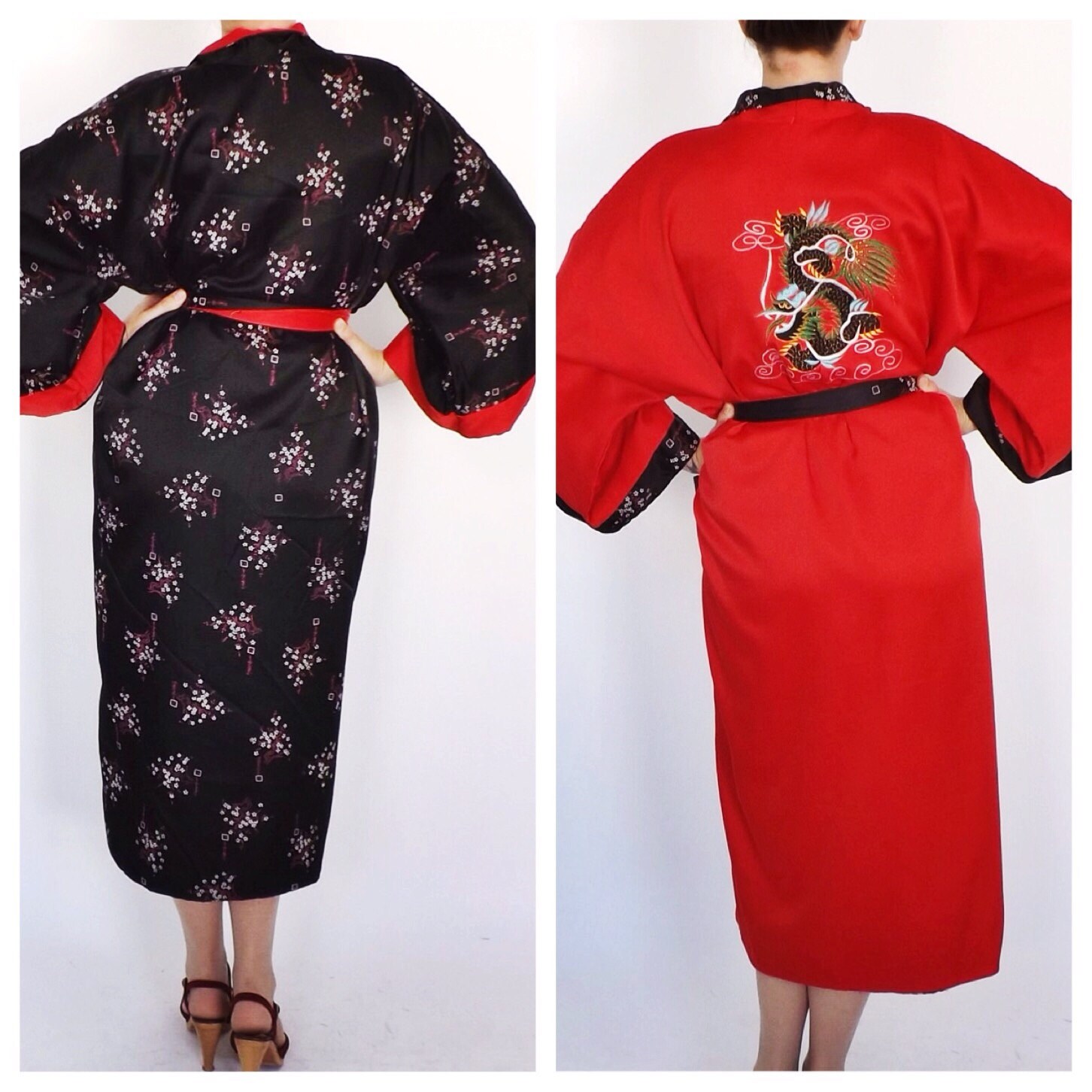 Vintage Reversible Black Red Embroidered Dragon Cherry Blossom