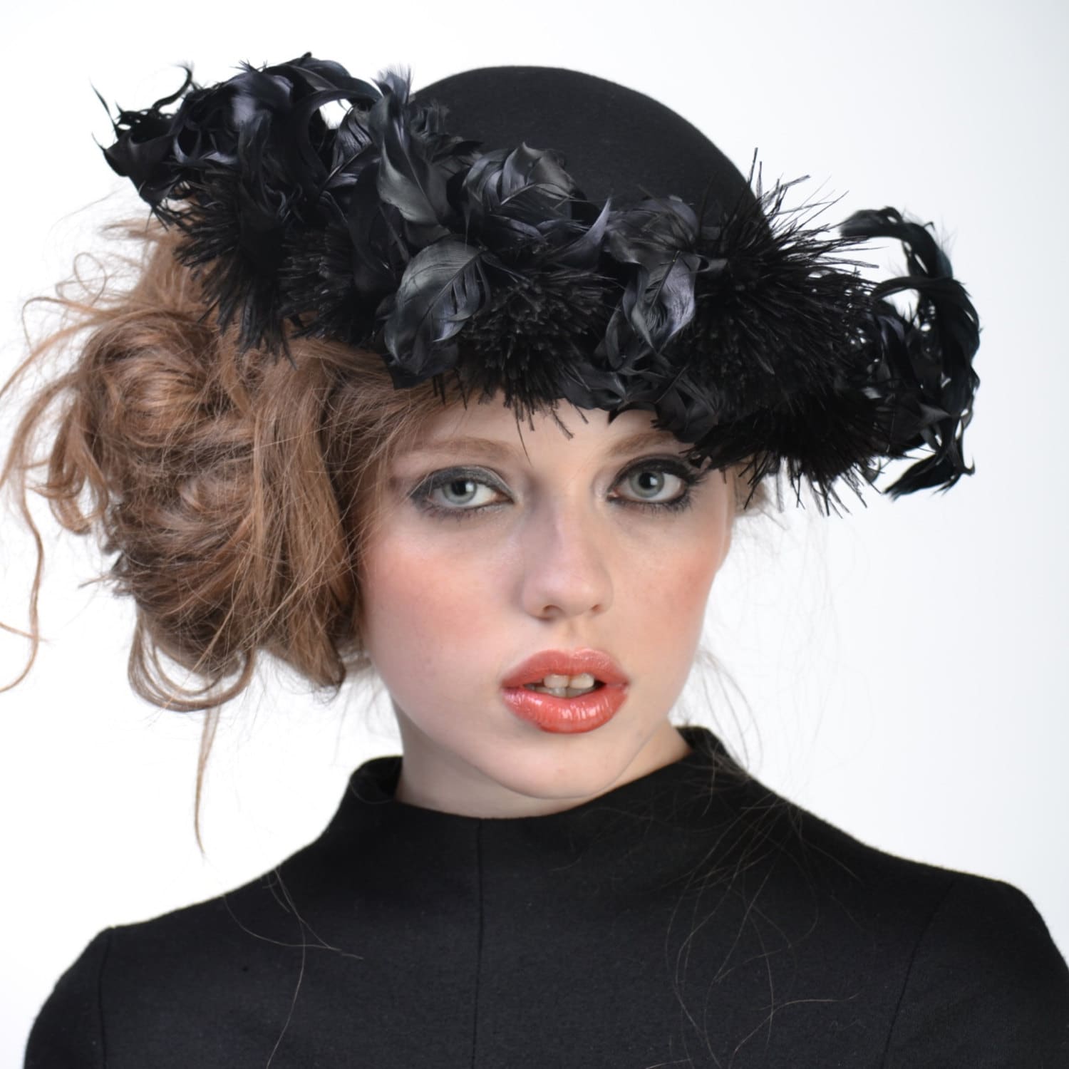 vintage 40s Feather FASCINATOR | Black Feather Plume Crown HAT Races ...