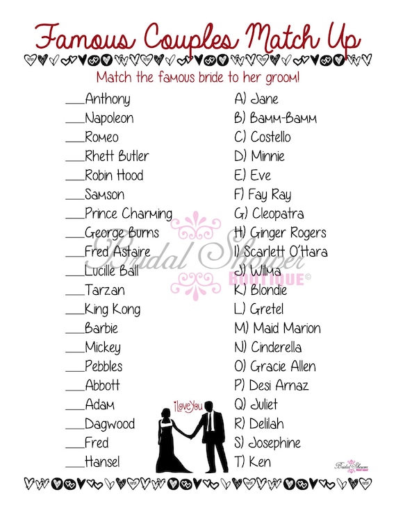 Famous Couples Match Up Bridal Shower Game FALL RED Fun famous-couples-match-up-bridal-shower-game-fall-red-fun