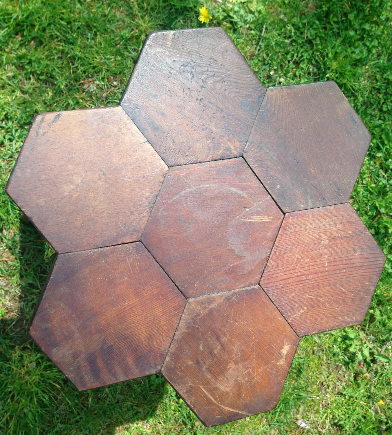 Unique Vintage Wood Hexagon shaped SIDE TABLE with lower shelf three ...