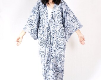 Authentic Japanese Kimono - Bohemian Cotton Lotus Flower Print Kimono