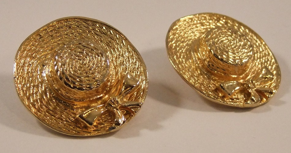 Vintage Large Gold Straw Hat Bow Button Chained Cufflinks. Wedding ...