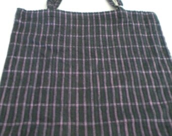 Handmade tote. Cotton fabric. Bl;ack with purple stripe. Fully washable.