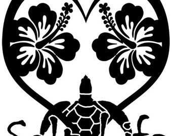 Heart Turtle Hibiscus vinyl decal.