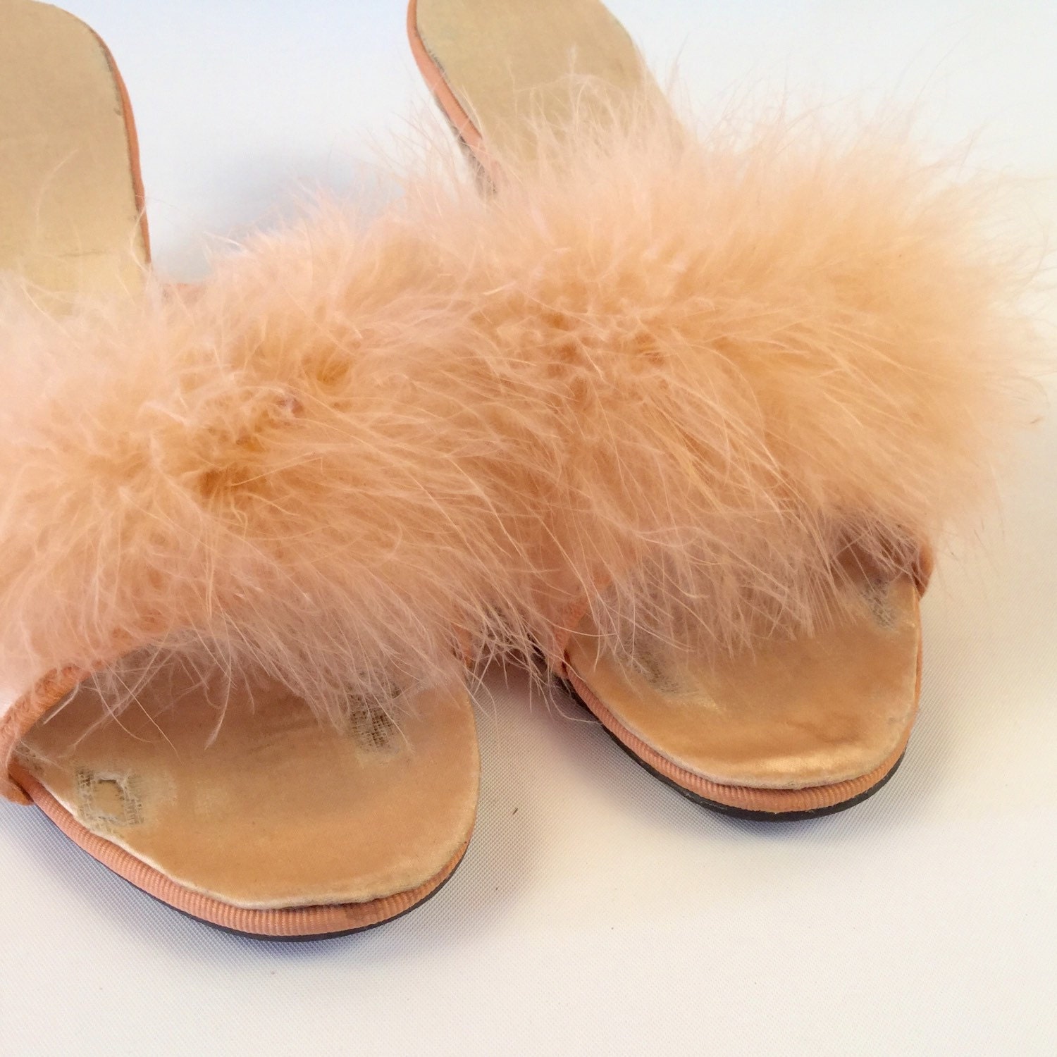 Vintage Boudoir Slippers Peach Feather Slipper Heels Soft