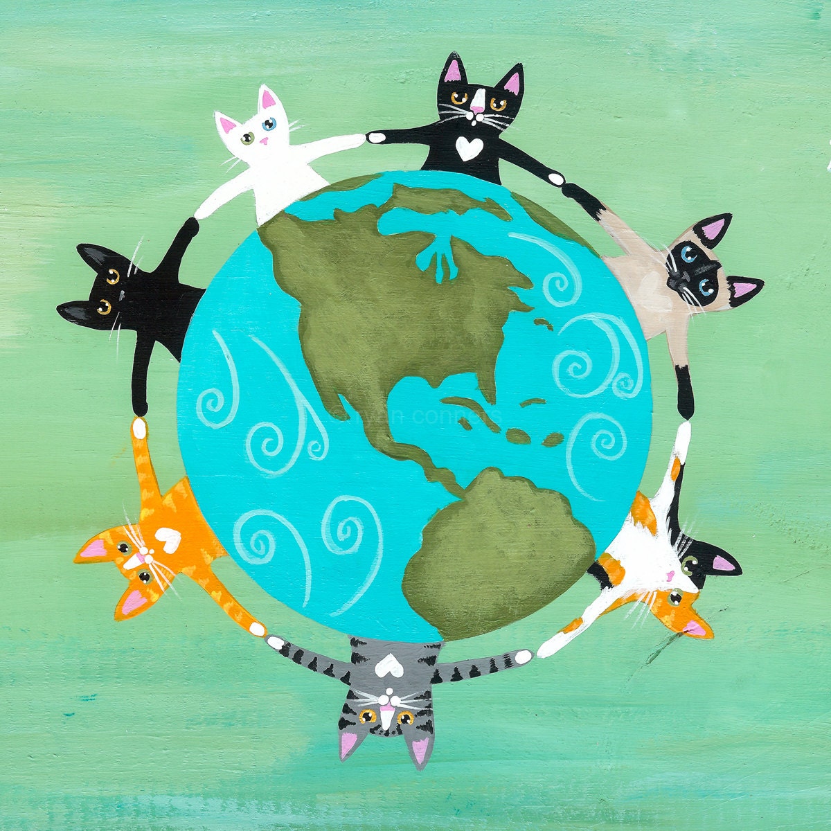 Earth Day Cats Original Folk Art Digital Print 8x8 10x10