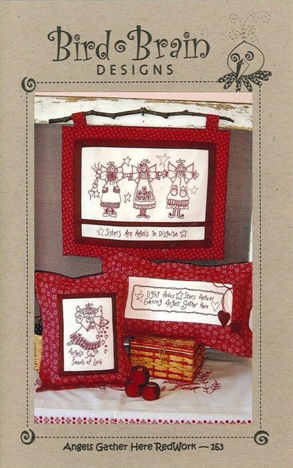 Bird Brain Designs Angels Gather Here RedWork 163 Hand