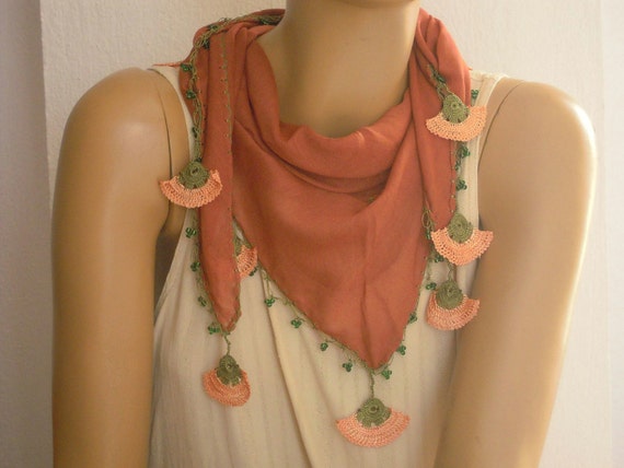 triangular turkish scarf brown peach flower