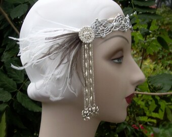 1920's ivory beaded net lace flapper headband with by owllamode