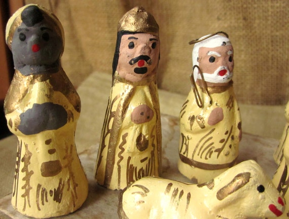 Vintage Nativity Set Handmade Clay Hand Painted Made in