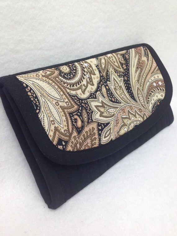 Items similar to Tri-fold Wallet, Women, black with paisley print ...