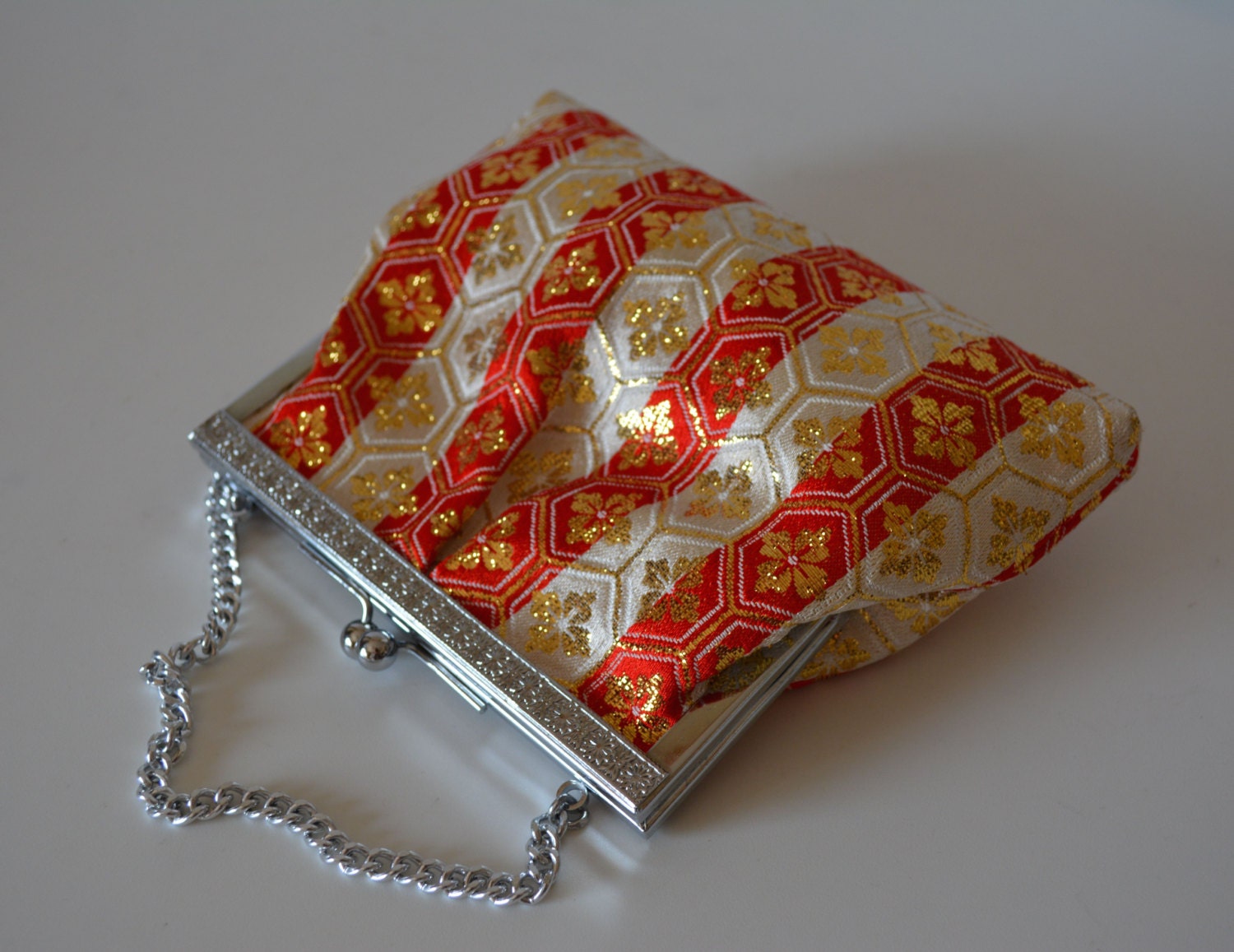Young girl’s handbag, red and gold silk brocade, wedding purse, flower ...