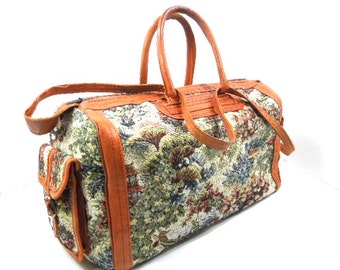 Vintage Tapestry Carpet Bag, Weekender Bag Overnight, Gym Bag Leather ...