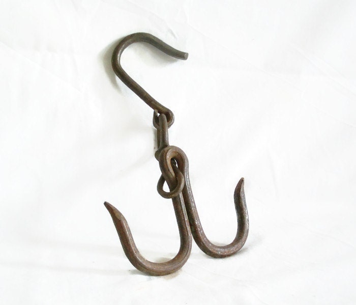 Old iron meat hook, Double pronged, horror movie prop, architectural ...