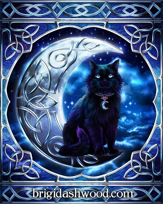 Midnight Moon Black Cat Celtic Pagan Wiccan Print Brigid