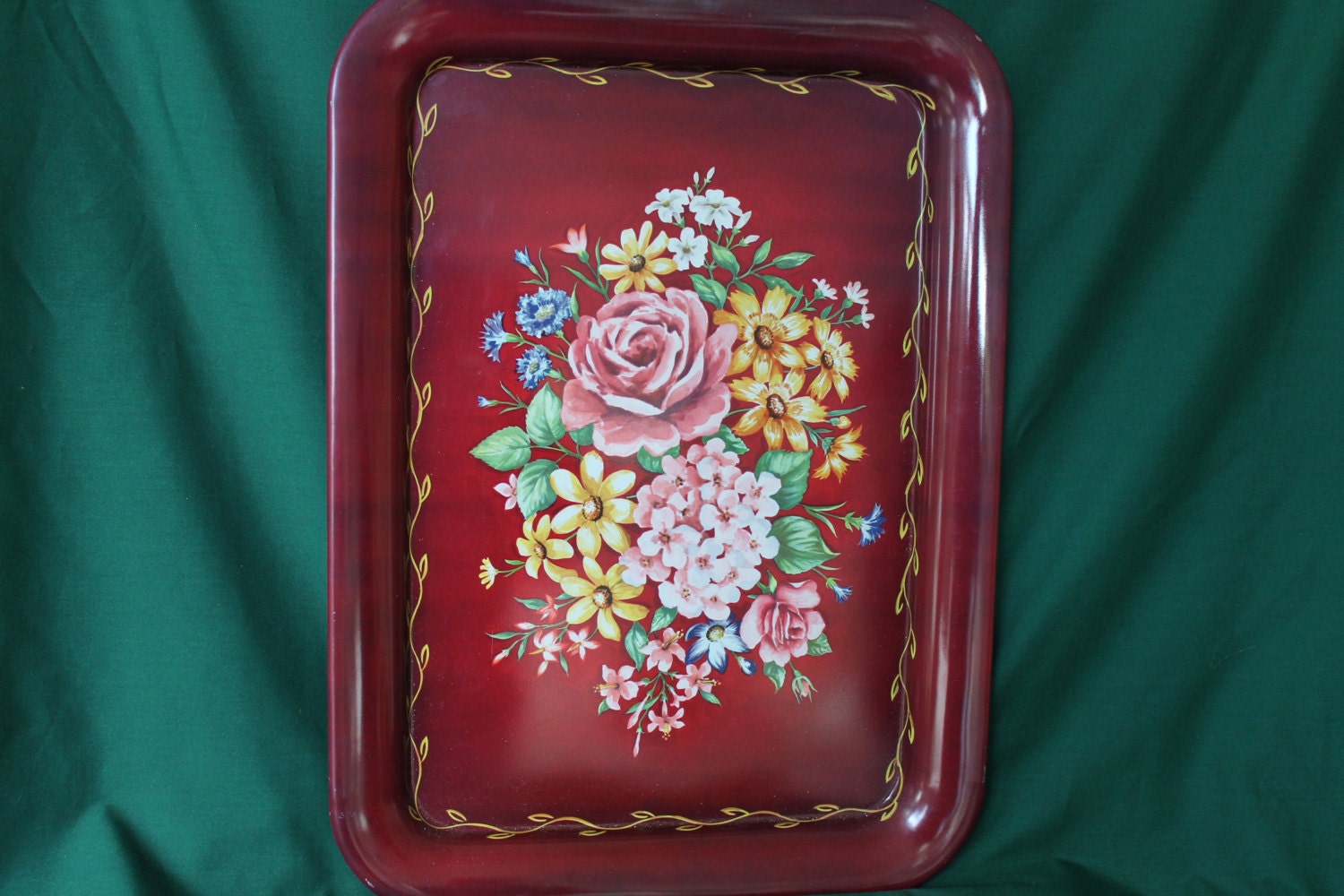 Vintage metal trays, burgundy painted metal trays, trays with vivid ...