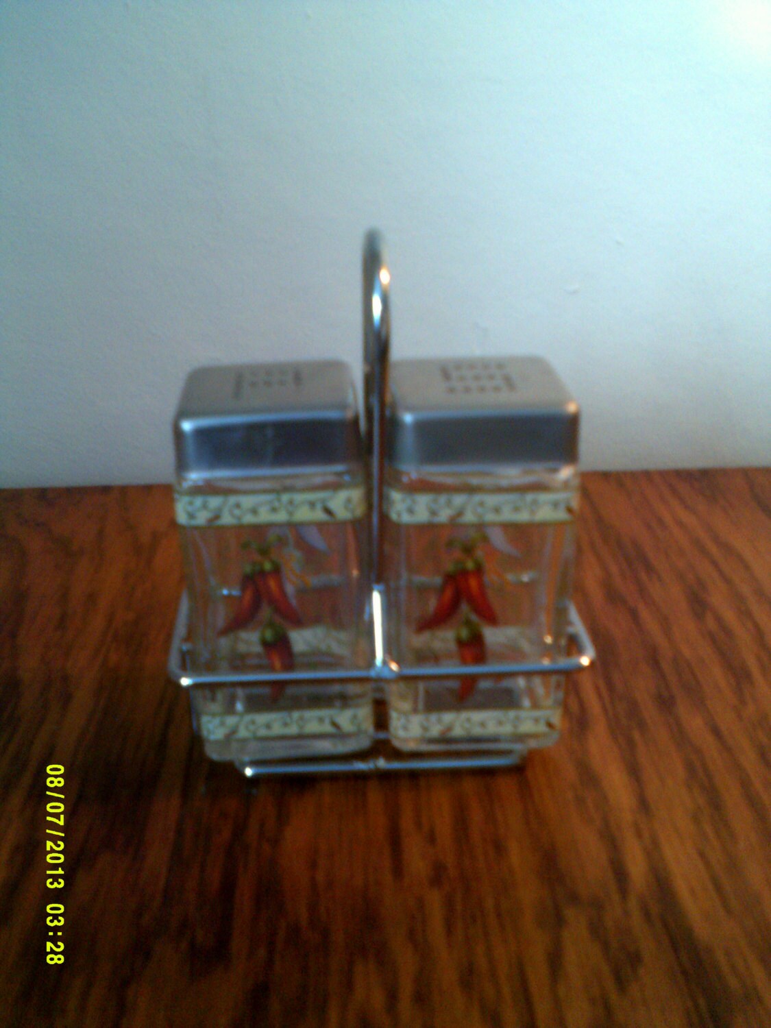 Vintage Glass Chili Peppers Salt and Pepper Shaker Set in Chrome Caddy ...