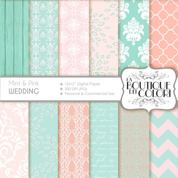 Pink and mint digital paper Bridal patterns by LaBoutiqueDeiColori