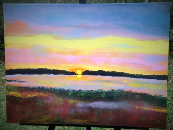 SUNSET LAKE original abstract large acrylic by TheMarchOfTime