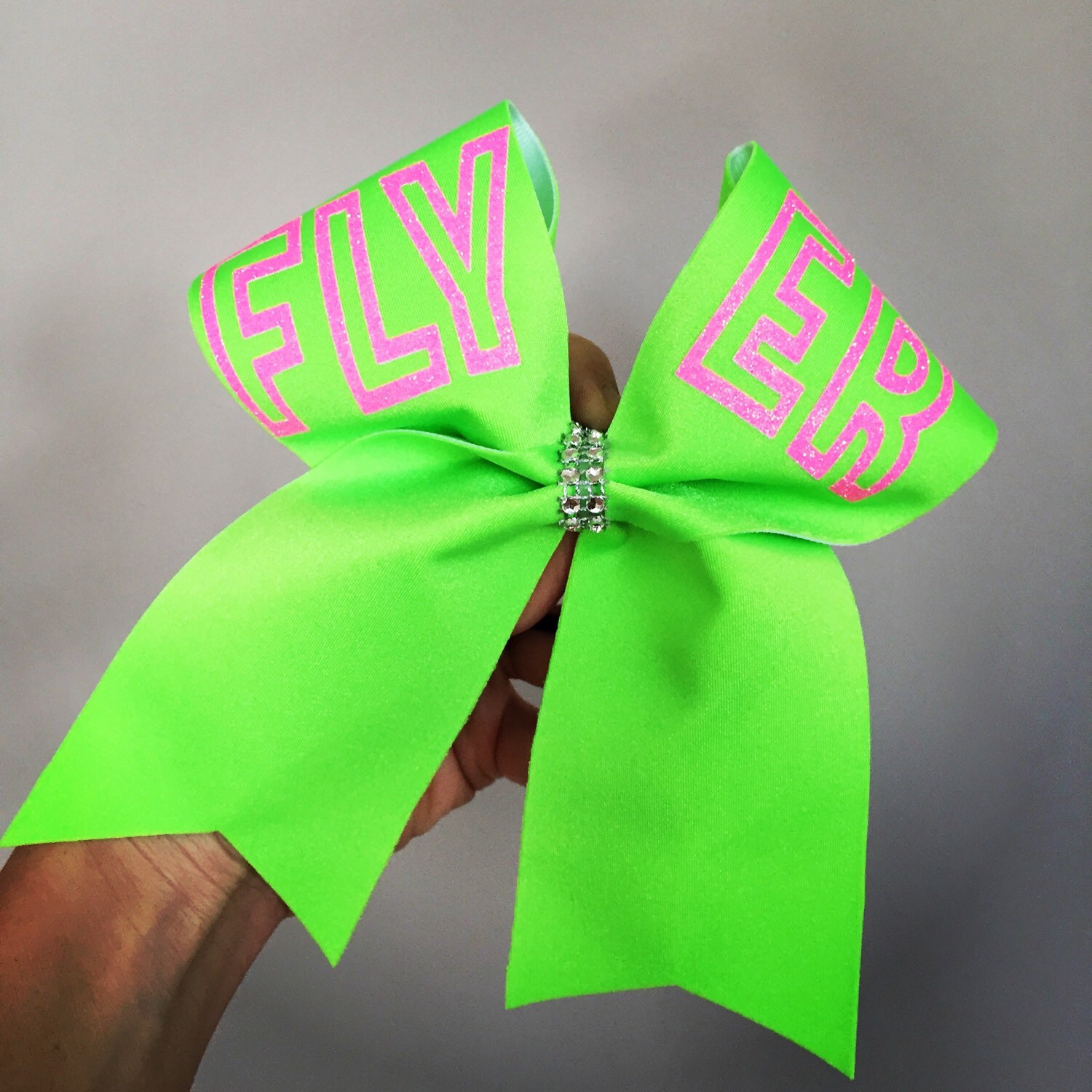 Neon FLYER Cheer Bow green and pink hair bow by TalkToTheBow