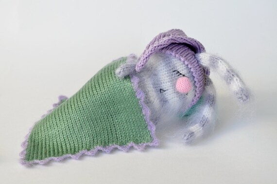 Snoozy Grey Bunny with Blanket & Pillow Hand-knitted bunny