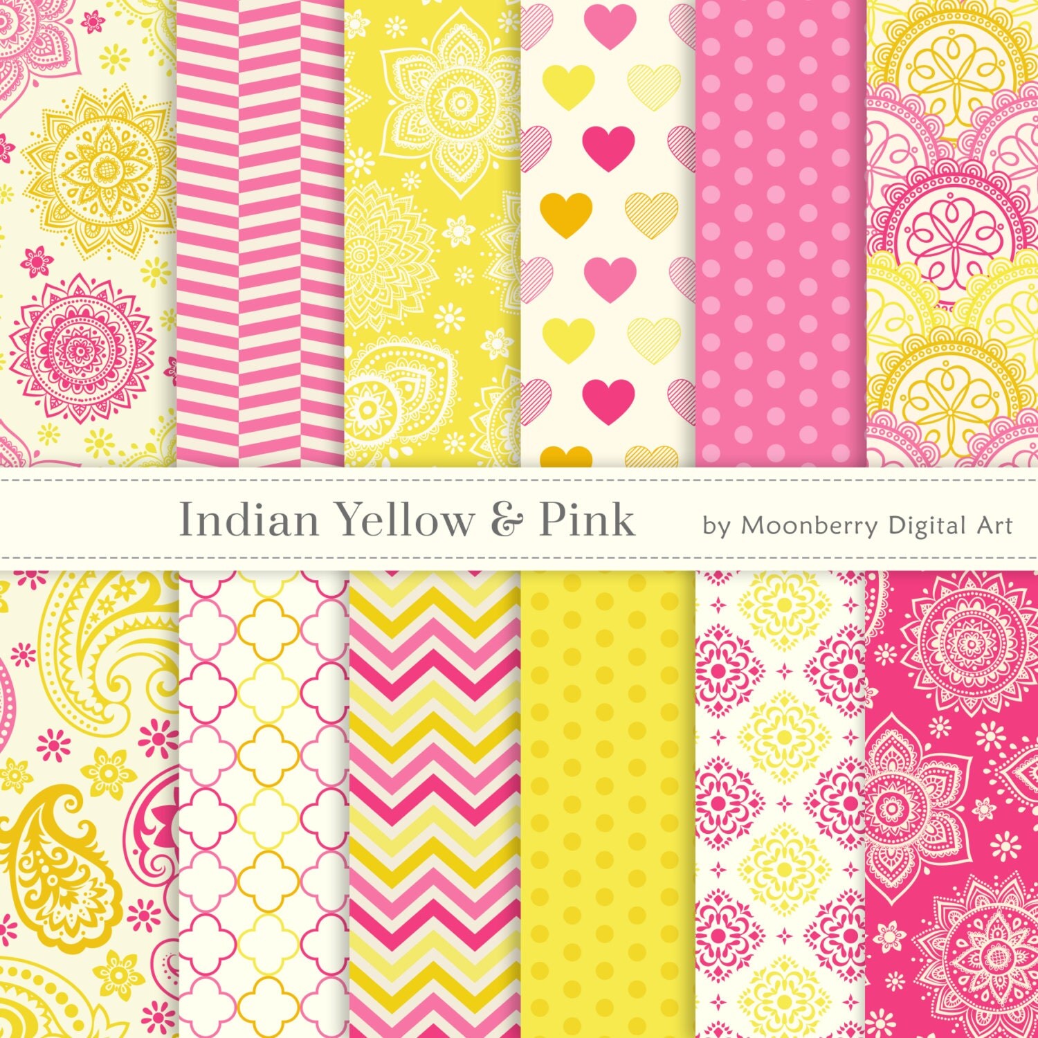 Indian Yellow & Pink Doodle Digital Papers. Paisley Digital