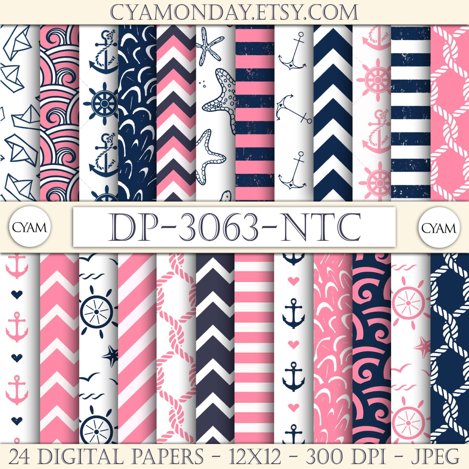 DP-3063-NTC Navy Pink NAUTICAL Digital Paper Instant Download.