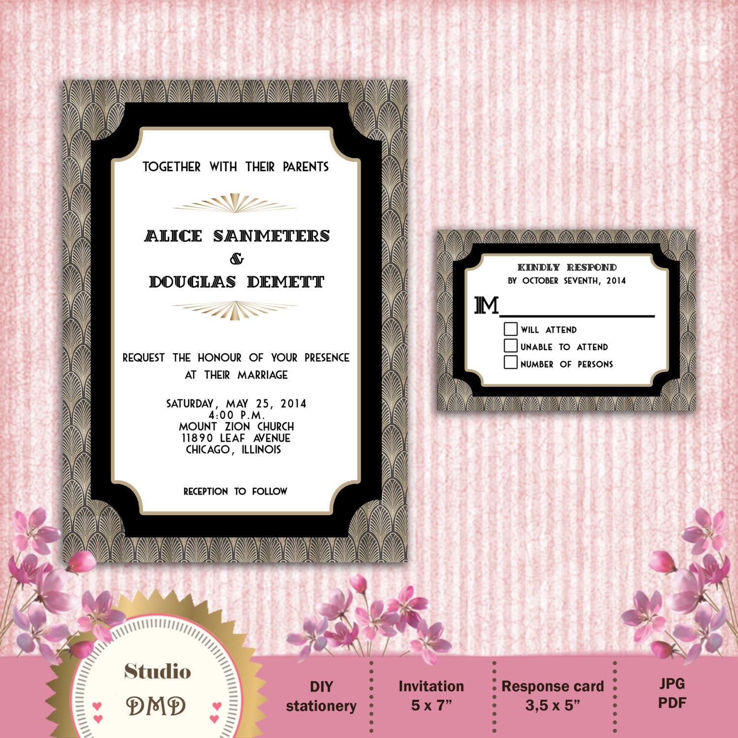 Great Gatsby Style Art Deco Wedding Invitation Suite with RSVP Card ...