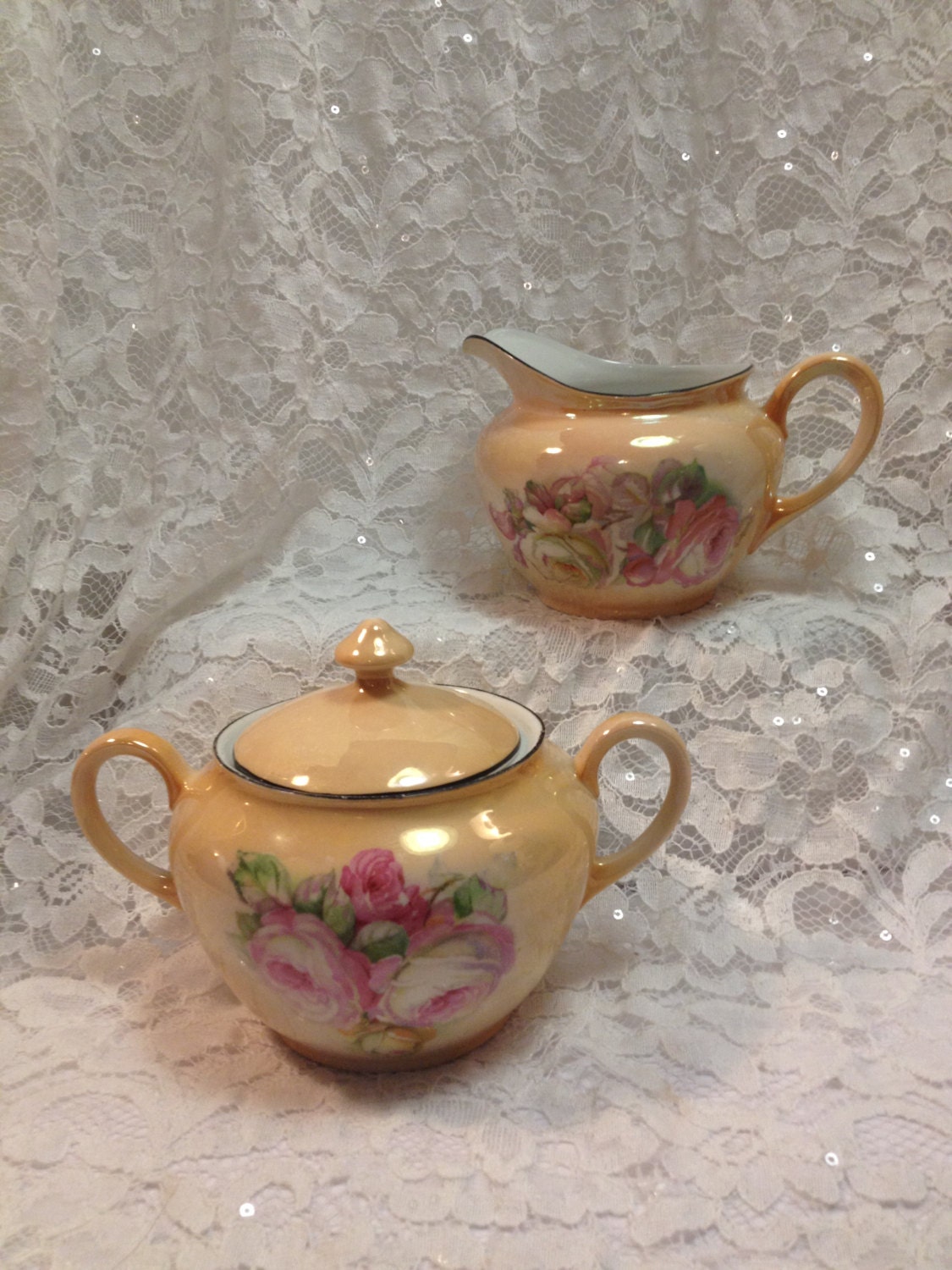 Vintage P.A.L.T. Bone China Peach Lusterware Roses Creamer and sugar ...