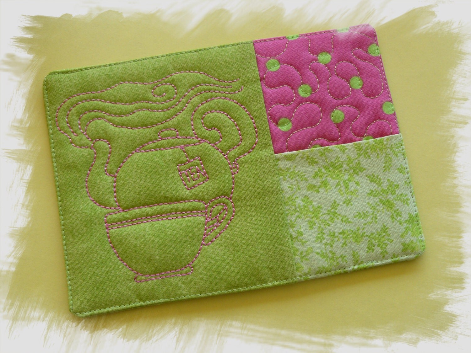 Mug Rug with Pocket & Redwork Teapot and Cup In The Hoop