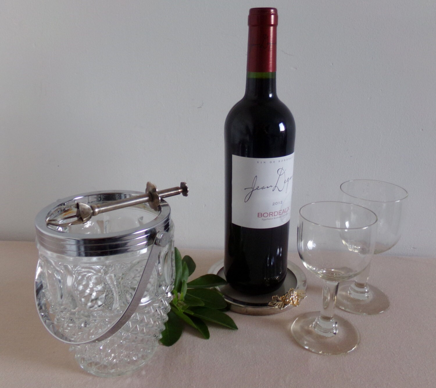 Delightful French vintage ice bucket, tongs and wine bottle coaster ...