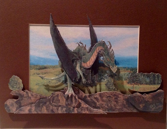 3D Paper Cut Fantasy Art: Green Dragon Stalking by AmberKeepArt