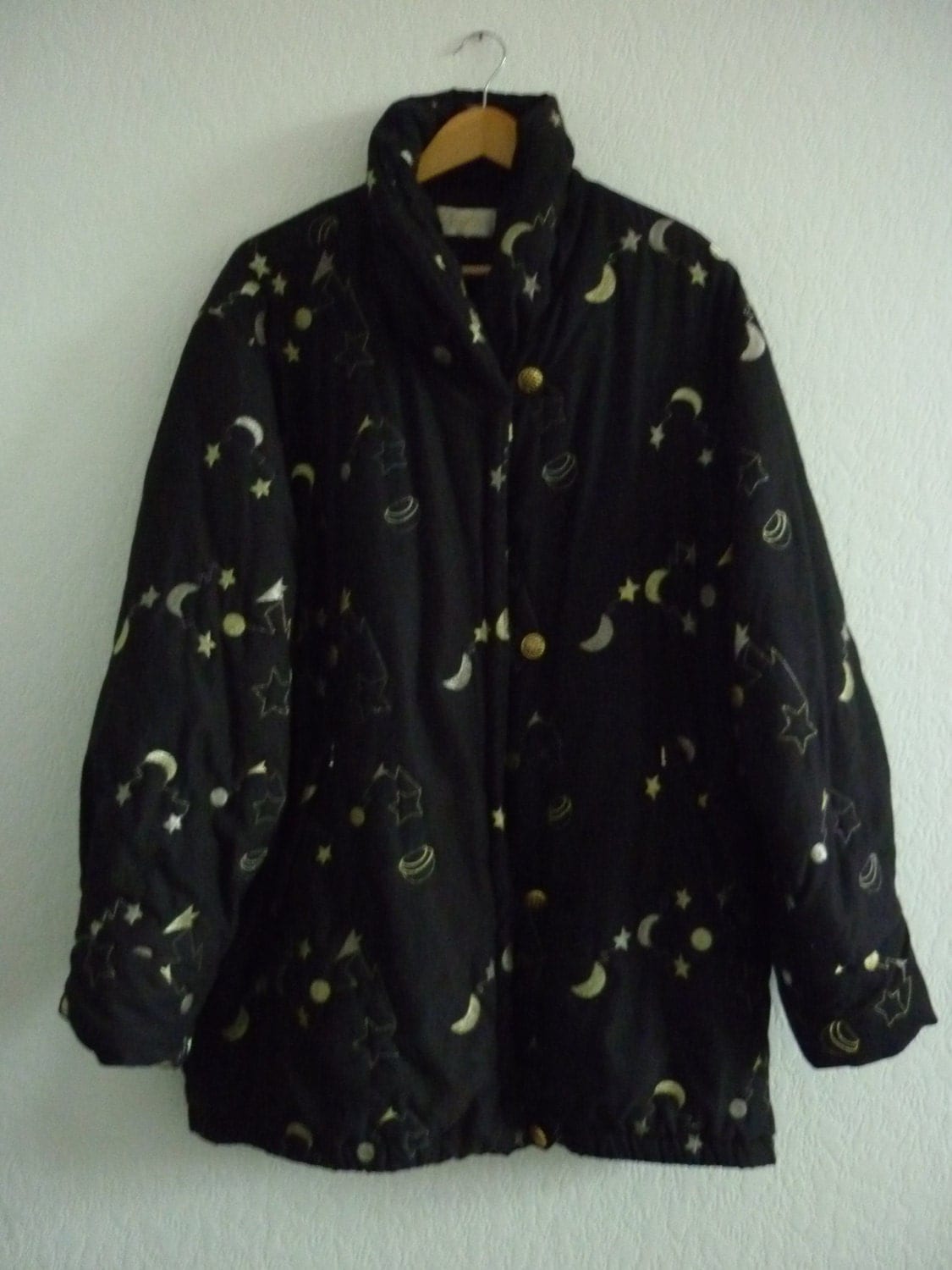 Moon and stars cozy jacket | silver and gold moons and stars in a black ...