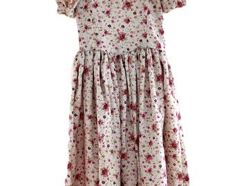 1950's French vintage long princess dress for girls, beige with pink ...