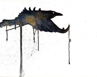 Original Watercolor Raven Painting. Raven Flying Black Yellow Splatter ...