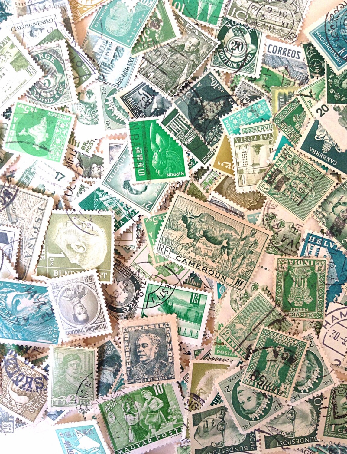 50 Vintage World Postage Stamps GREEN Tones – Paper Ephemera – Resin ...