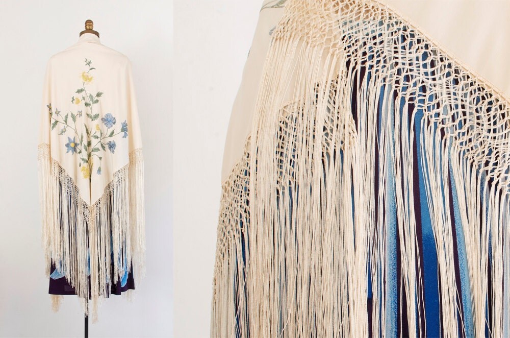 Vintage Silk Embroidered Floral Piano Shawl Scarf w/ Fringe