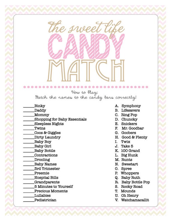 Baby Shower Game Sheet For The Sweet Life Candy Match Print Baby Shower Game Sheet For The Sweet Life Candy Match Print