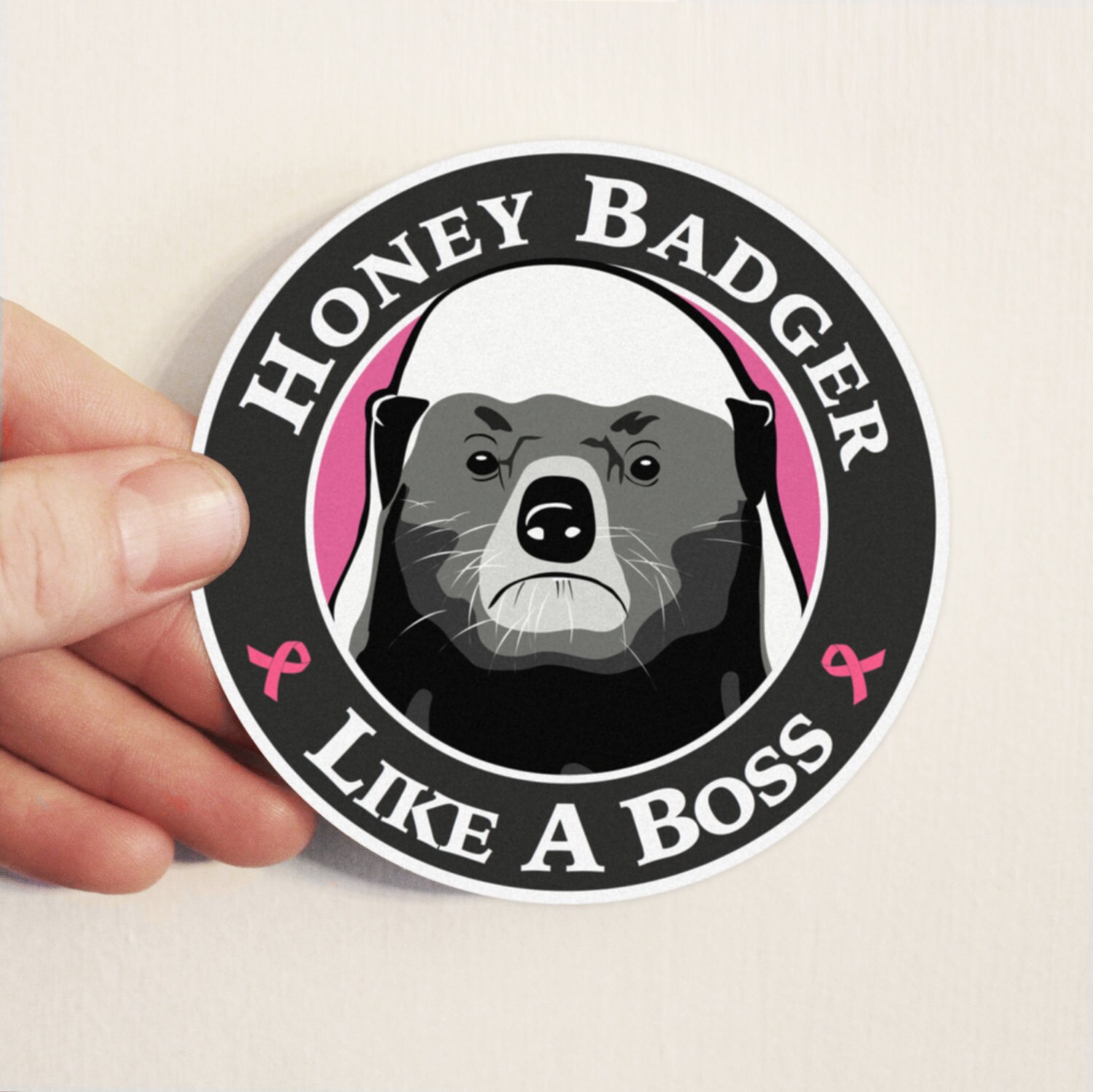 Pink ribbon Honey Badger Bumper Sticker vinyl decal 4x4